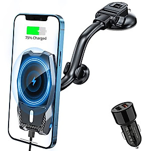 Magnetic Wireless Car Charger Mount, Auto-Alignment Dashboard Windshield Car Wireless Charger Holder Compatible with iPhone 13/12/Mini/Pro/Pro Max/MagSafe Case, 15W Fast Charging with QC3.0 Adapter