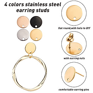 UNICRAFTALE 4 Mixed Colors Stud Earrings 40pcs(20Pairs) Stainless Steel Stud Earring with Ear Nuts 0.8mm Pin Flat Round Earring Post with Loop Earring Studs Components for Jewelry Making