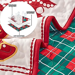 Christmas Quilt Set King,3 Pieces Reversible Christmas Tree Gloves Snowman Snowflake Pattern Bedspread Xmas Plaid Bedding Coverlet with 2 Pillowcases 104”x90”