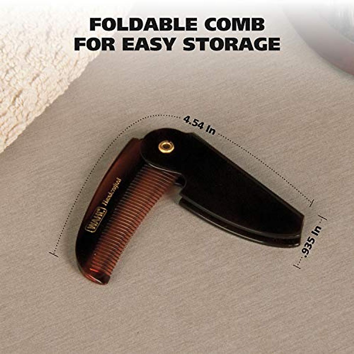 Wahl Beard & Mustache Folding Comb for Men's Grooming - Handcrafted & Hand Cut with Cellulose Acetate - Smooth, Rounded Tapered Teeth - Model 3326