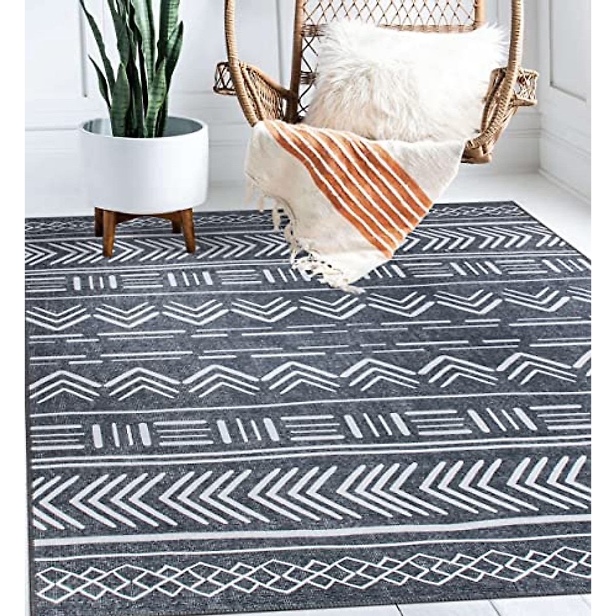Rugshop Contemporary Geometric Bohemian Stain Resistant Flat Weave Eco Friendly Premium Recycled Machine Washable Area Rug 7'7"x9'6" Dark Gray
