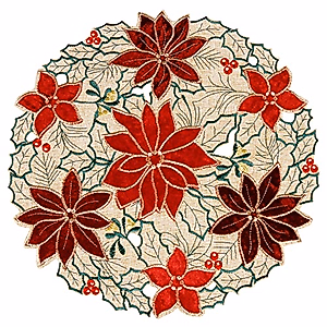 OWENIE Christmas Placemats Set of 4, Embroidered Applique Round Placemats Set of 4, Red Velvet Poinsettia Flower Linen Table Mats for Holiday Kitchen Dining Table Decorations (15 Inch)