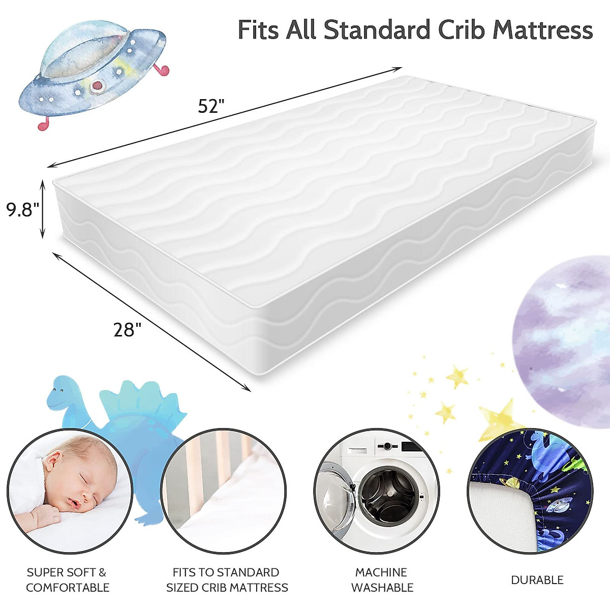 GFU Baby Crib Sheet for Boy, Super Soft Fitted Crib Sheet for Standard Crib and Toddler Mattresses, 52×28 Inch (Dinosaur&Space)