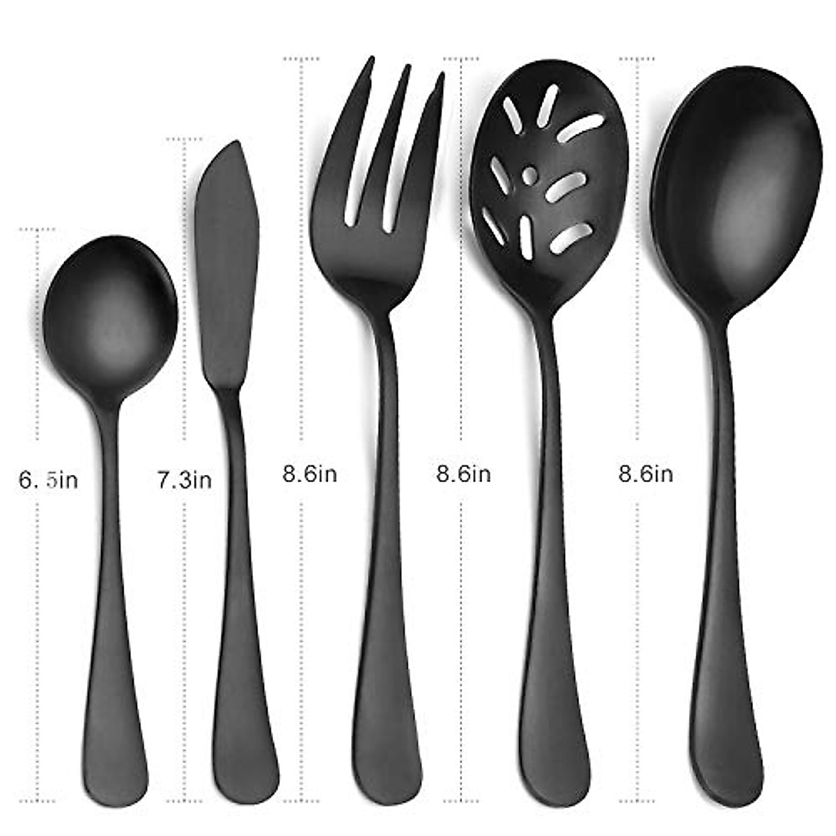 Matte Black Serving Set，SHARECOOK 5-Piece 18/0 Stainless Steel Large Hostess Set with Round Edge, Satin Finished, Dishwasher Safe -Spoons, Forks,Butter Knife& Slotted Spoon