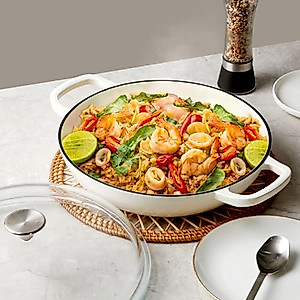 NUTRIUPS 3.6 Quart Braiser Enameled Cast Iron Dutch Oven Pot with High Borosilicate Glass Lid, Dutch Oven/Casserole Cast Iron Non Stick Larger Handle (Beige + White)