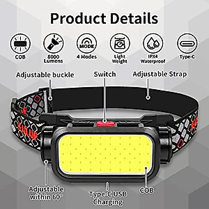 Headlamp Rechargeable, 8000 Lumens Wide Beam Led Headlamp, Lightweight Hard Hat Light, 4 Modes Lightbar Headlamp, Outdoor Waterproof Headlamp Flashlight for Camping, Fishing, Cycling (2 Packs)