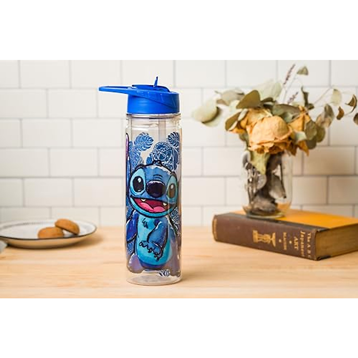 Silver Buffalo Lilo and Stitch Floral Sketch Glitter Double Walled Tritan Water Bottle, 18-Ounce