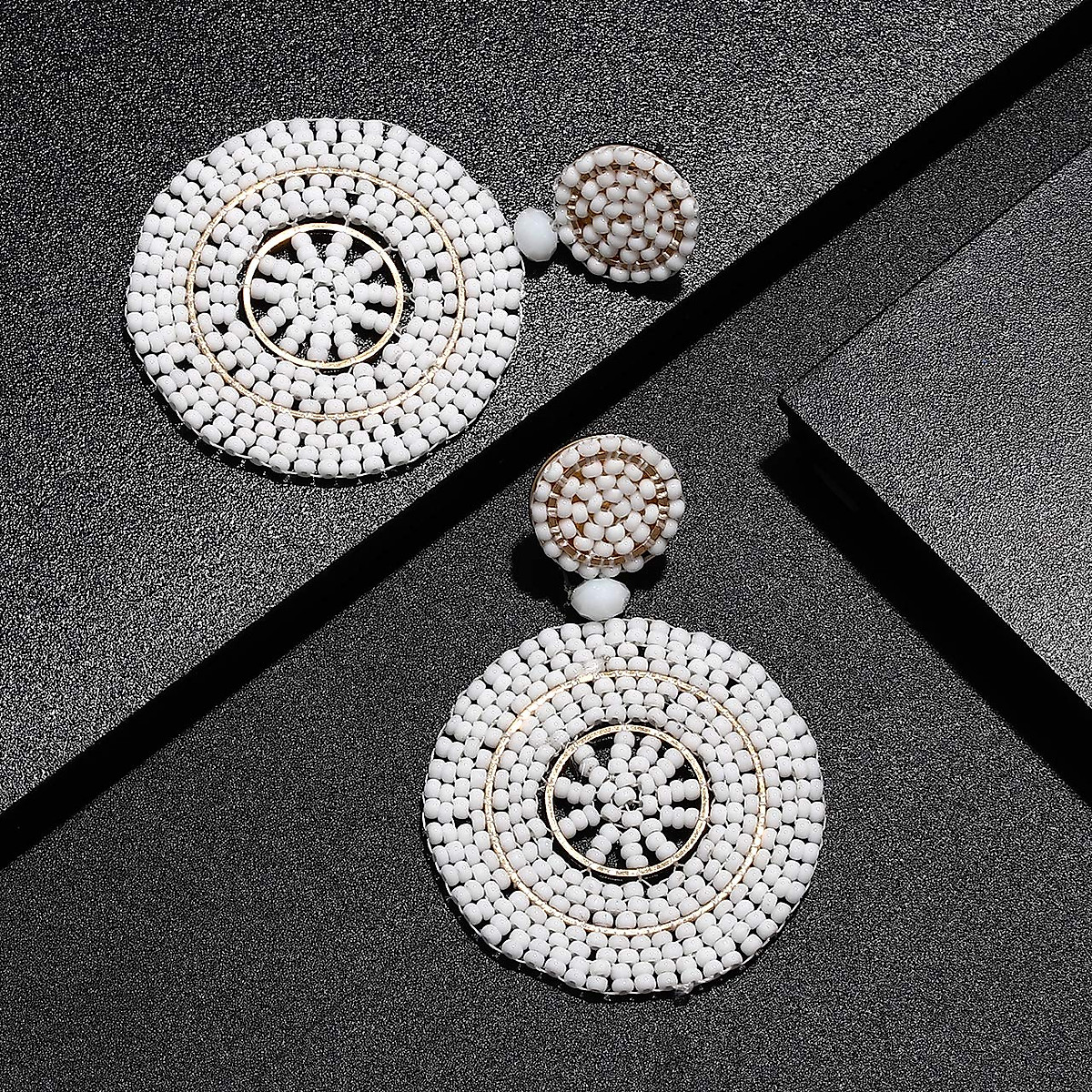 CEALXHENY Beaded Drop Earrings for Women Handmade Colorful Bead Earrings Bohemia Hoop Dangle Earring for Women (D White)