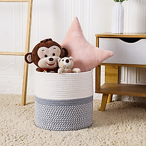 Woven Cotton Basket Sef of 3, 11x11x11in Storage Shelf Basket for Toys Clothes Books, Home Office Organization Basket, White & Grey