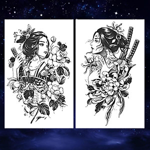 Oottati 6 Sheets Arm Fake Waterproof Temporary Tattoos Stickers Black Japanese Geisha Samurai Women Flower Lotus