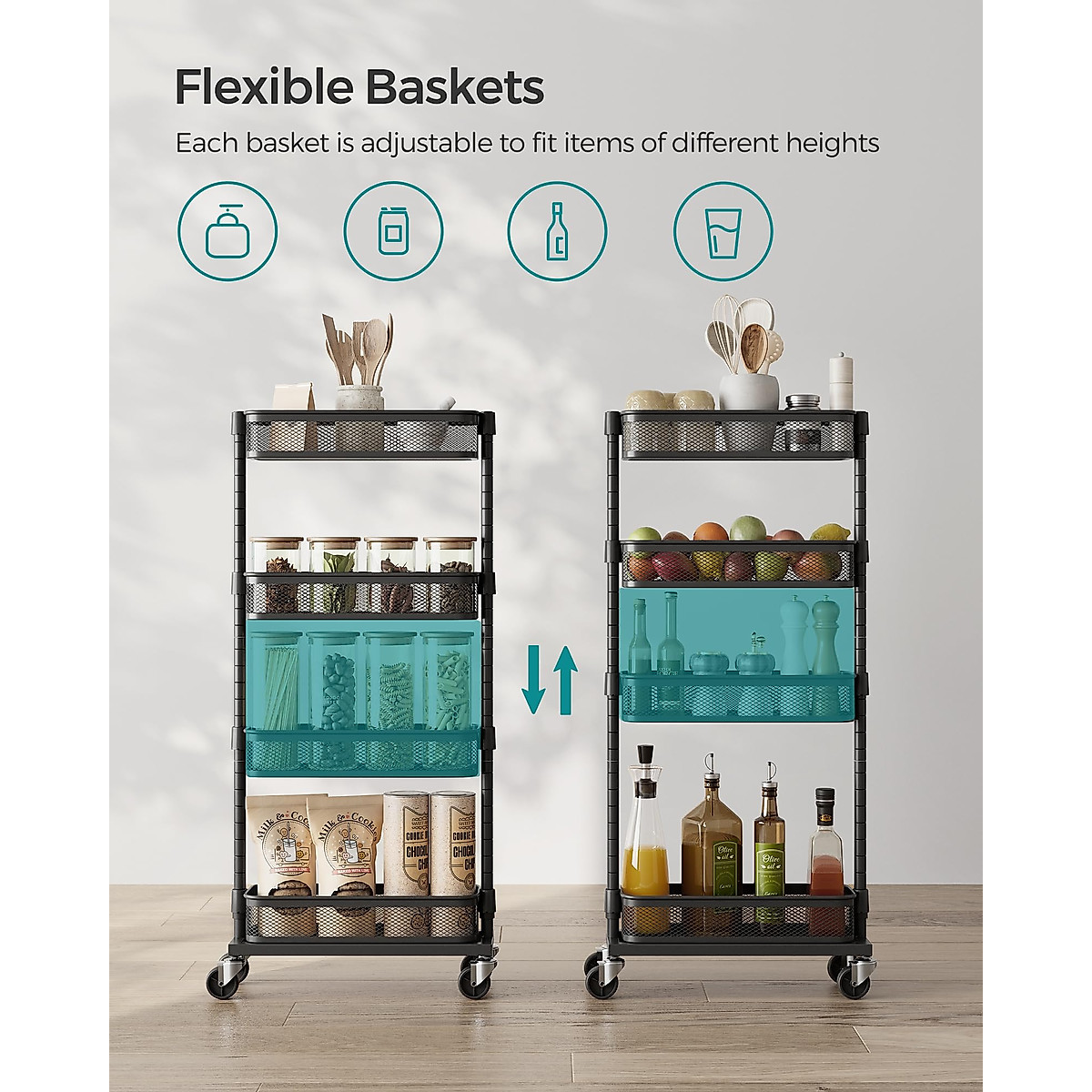 SONGMICS Slim Storage Cart, 4-Tier Metal Rolling Cart with Wheels, Flexible Baskets, Narrow Cart for Kitchen, Bathroom, Laundry Room, Easy Assembly, Black UBSC065B01