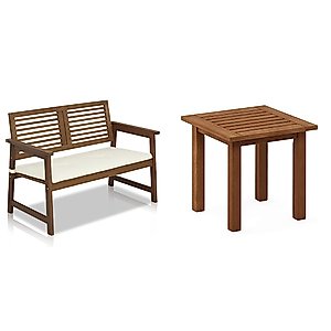 Furinno FG161167 Tioman Hardwood Outdoor Bench in Teak Oil, Natural & FG18506 Tioman Hardwood Patio Furniture Outdoor End Table, Natural