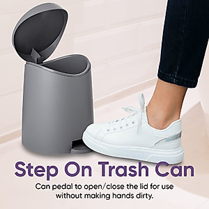Superio Mini Bathroom Trash Can with Lid 3 Liter, Plastic Waste Bin 0.75 Gallon, Modern Flat Lid Step On Trash Can with Foot Pedal, for Bathroom, Bedroom, Office, Under Desk, Soft Close (2, Grey)