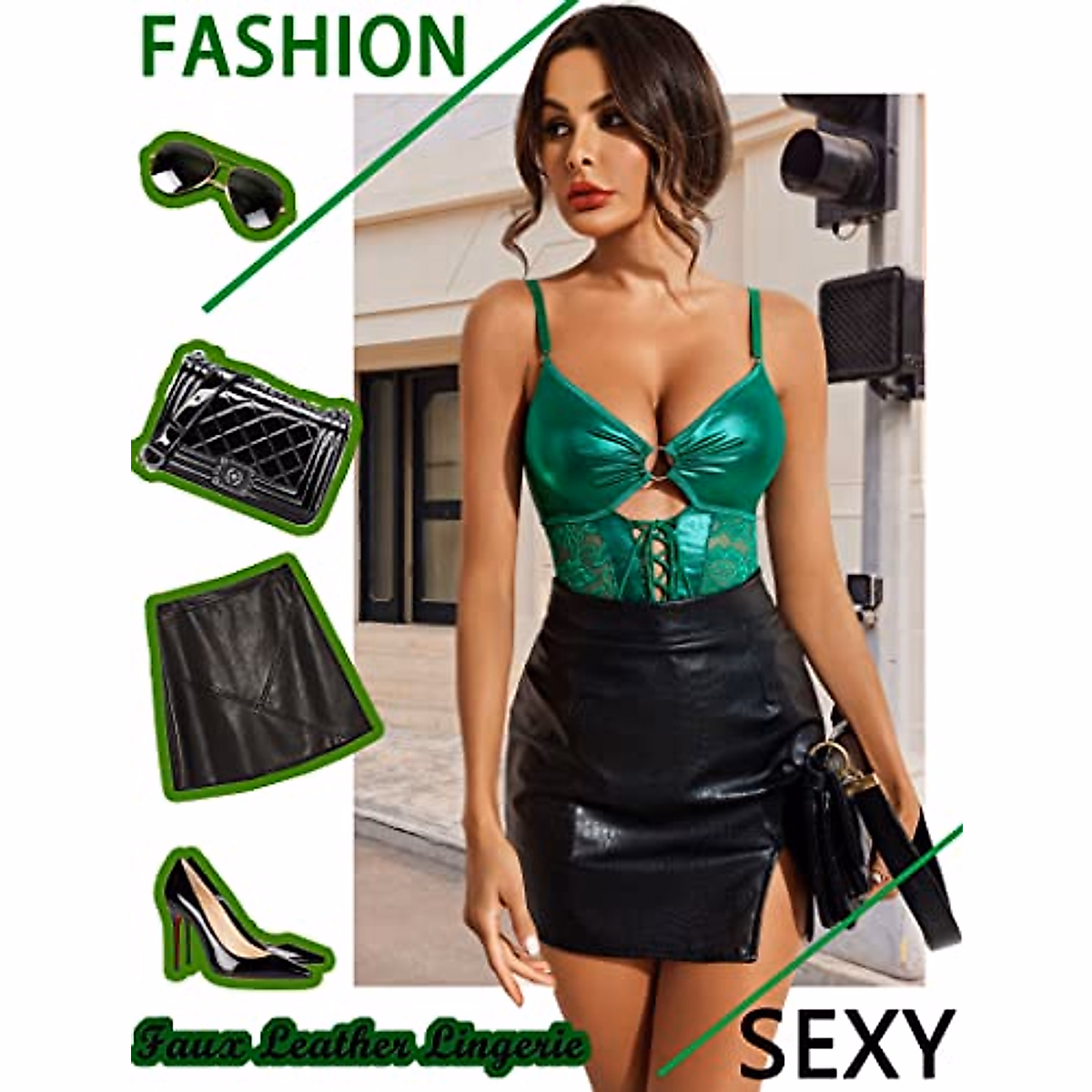 Avidlove Leather Lingerie For Women Lace Bodysuit Satin Teddy With Garter Belts Green L