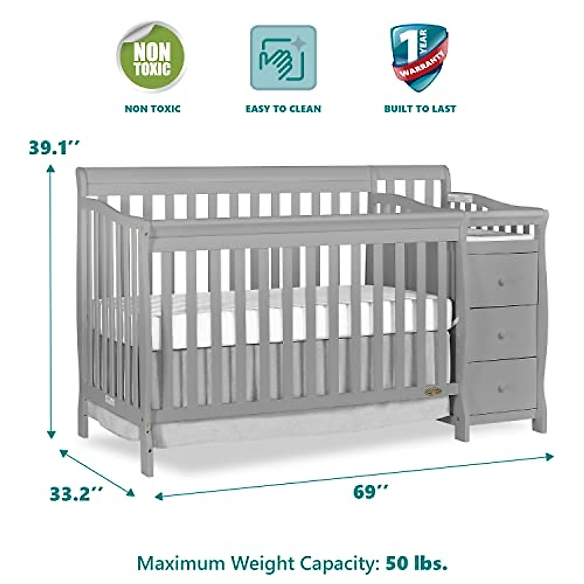Dream On Me 5 In 1 Brody Convertible Crib With Changer In Pebble Grey, Greenguard Gold Certified, Comes With 1" Changing Pad, Non-Toxic Finish, Made Of Durable Pinewood