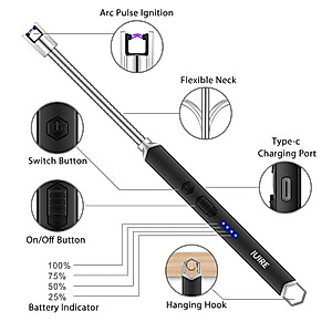 IUIRE Candle Lighter Electric Rechargeable Arc Lighter with LED Battery Display Long Flexible Neck USB C Lighter (rose gold)