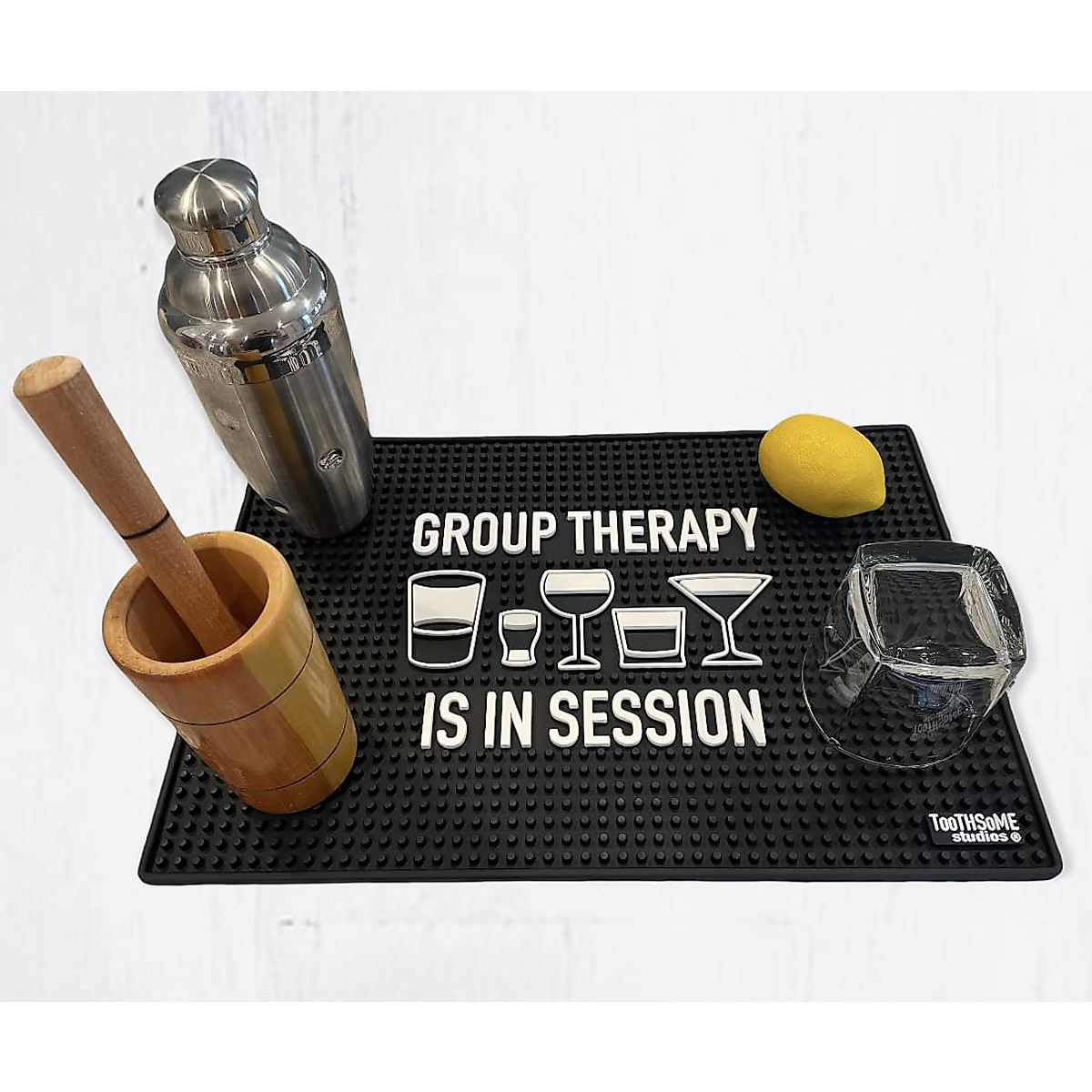 Group Therapy is In Session 17.7" x 11.8" Funny Bar Spill Mat Rail Countertop Accessory Home Pub Decor Slip Resistant Durable Thick Bar Covering for Craft Brewery Kitchen Cafe and Restaurant Accessory