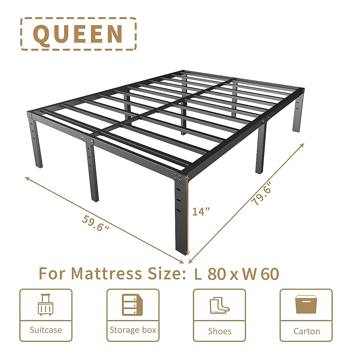 HOBINCHE 14 Inch Metal Bed Frame Queen Size No Box Spring Needed - Easy Assembly Heavy Duty Noise Free Narrow Bedframes - Double Black Basic Steel Slats Platform with Storage