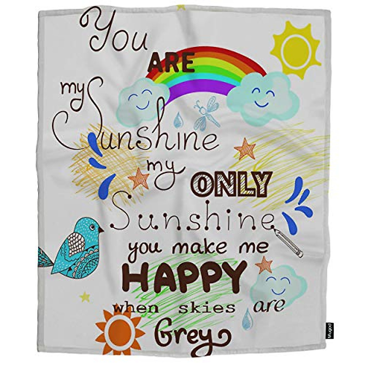 Mugod Beautiful Greeting Card Throw Blanket You are My Sunshine with Bird Cloud Rainbow and Sun Decorative Soft Warm Cozy Flannel Plush Throws Blankets for Baby Toddler Dog Cat 30 X 40 Inch