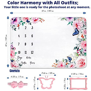 GNEISTO Baby Milestone Blanket for Baby Girl 60"x40"Baby Monthly Milestone Blanket Girl-Large Baby Blanket for Girls-Baby Girl Shower Gift for Nursery Decor-Baby Girl Blanket with Headband and Frames