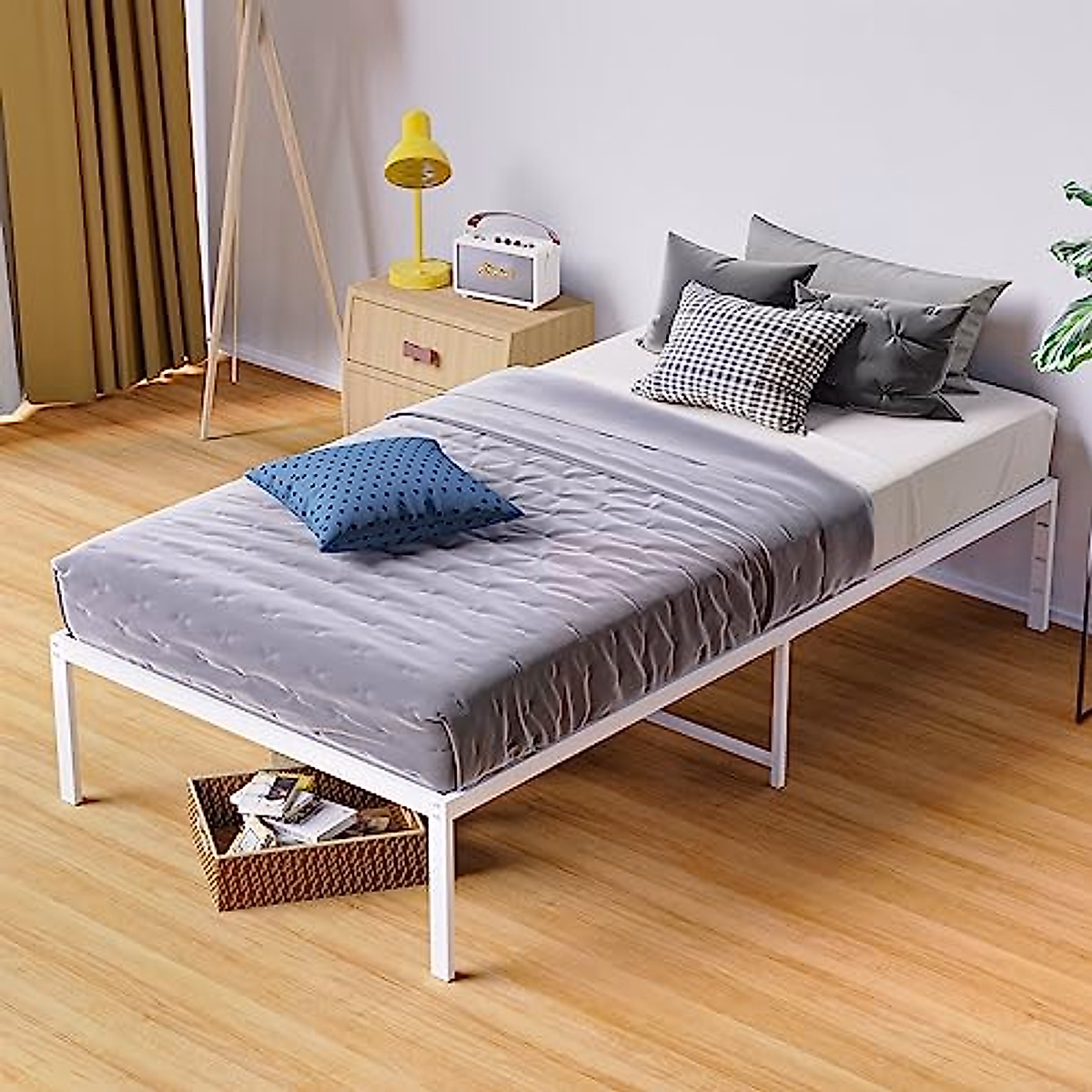 LUSIMO 14 Inch Twin Bed Frame with Storage Heavy Duty Tall Metal Platform Bed Frame with Steel Slats No Box Spring Needed Noise Free Anti Slip White