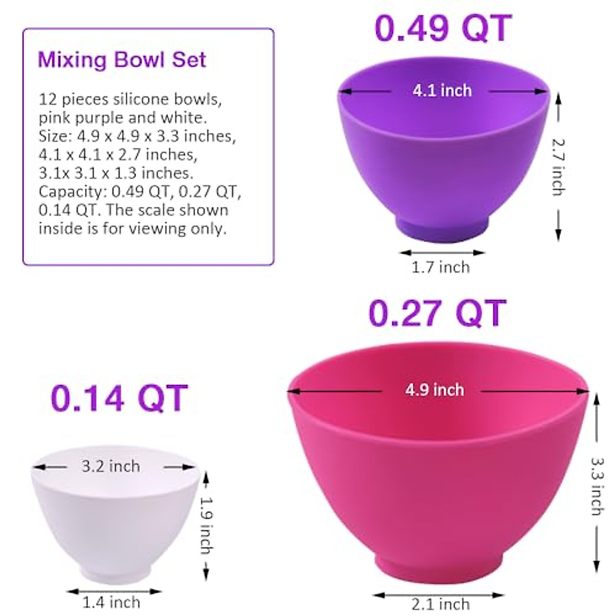 Goalfly 12 Pcs Silicone Mixing Bowls Set, Size 0.14, 0.27, 0.49 QT, Flexible Silicone Bowls for Kitchen, Non Stick Silicone Bowls for Melting Chocolate, Icing, Cooking, Prepping Food