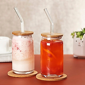 Altfun Drinking Glasses with Bamboo Lids,Glass Straw and Coaster 4pcs-16oz Can Shaped Glass Cups,Beer Glasses,Iced Coffee Glasses,Cute Tumbler Cup,Ideal for Cocktail,Whiskey,Gift-2 Cleaning Brushes