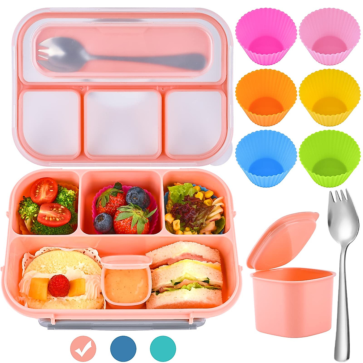 Zezzxu Bento Lunch Box for Kids and Adults, 1300 ML 4-Compartment Bento Box with Accessories, Plastic Lunch Containers Kit, Microwave & Dishwasher & Freezer Safe (Pink)