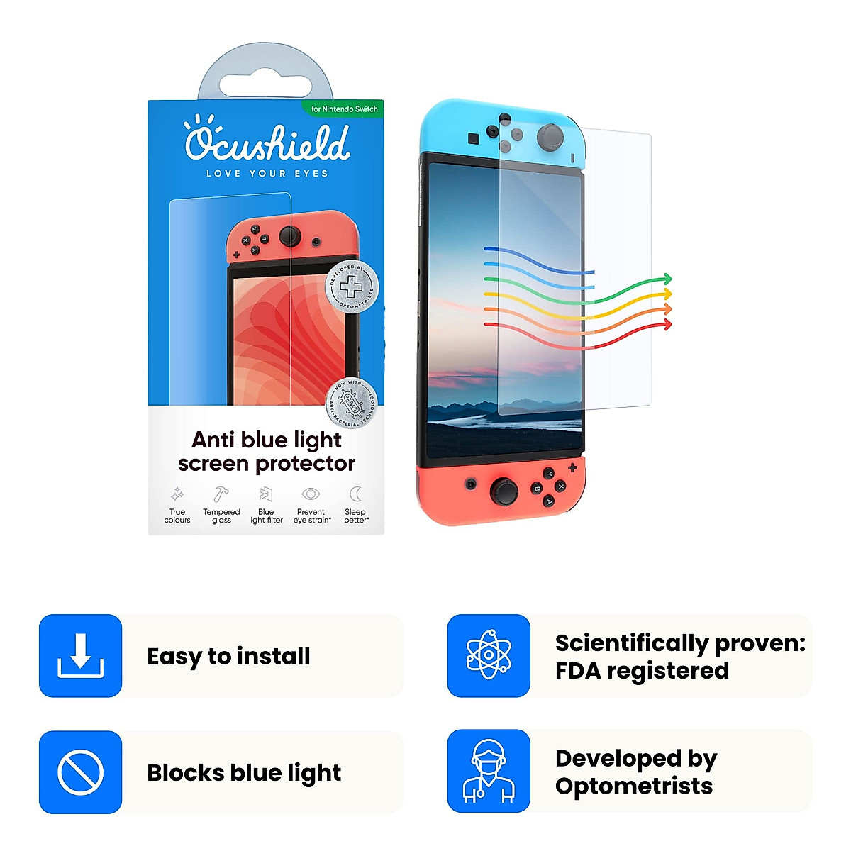 Ocushield Anti Blue Light Tempered Glass Screen Protector for Nintendo Switch Console - Protect Kids Eyes from Strain and Fatigue