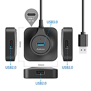 USB Hub AISKOOC USB 3.0 Hub with USB-C Power Supply Port USB 3.0 * 1 Port and USB 2.0 * 3 Ports USB Splitter for Laptop Car PC XPS USB Flash Drives Mobile HDD Printer Camera and More -Black (1.65FT)