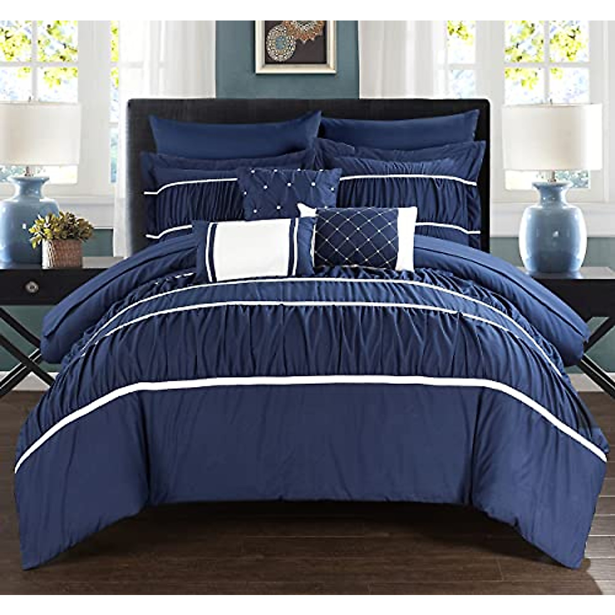 Chic Home Cheryl Comforter Complete Bag Pleated Ruched Ruffled Bedding with Sheet Set and Decorative Pillows Shams Included, Queen, Navy