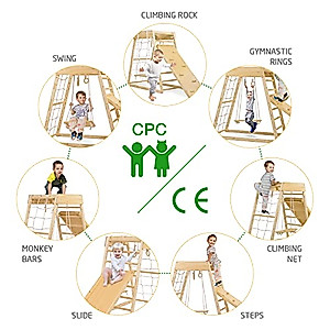 Climber,Indoor Playground Wood Playset 7-in-1 with Jungle Gym, Ramp, Slide, Swing, Swedish Ladder, Pine Wood, Rock Wall Dome for Kids Ages 1+
