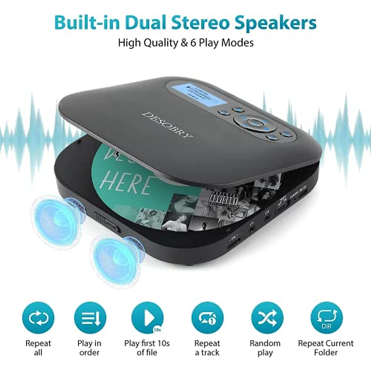 CD Player Portable, DESOBRY Bluetooth CD Player with Speakers, Portable CD Player for Car and Home, 2000mAh Rechargeable CD Player with LCD Screen Bluetooth Visibility and Headphone