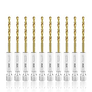 amoolo 3/32 Twist Drill Bit Set, 10Pcs Titanium HSS Hex Shank Impact Drill Bit Set for Metal, Steel, Wood, Plastic, Quick Change Design