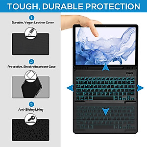 typecase Keyboard Case for Samsung Tab S8/Tab S7 11 inch (SM-X700/X706/T870/T875/T878), Slim Leather Folio Stand Cover, 7 Colors Backlit Wireless Detachable Keyboard with S Pen Holder (Black)