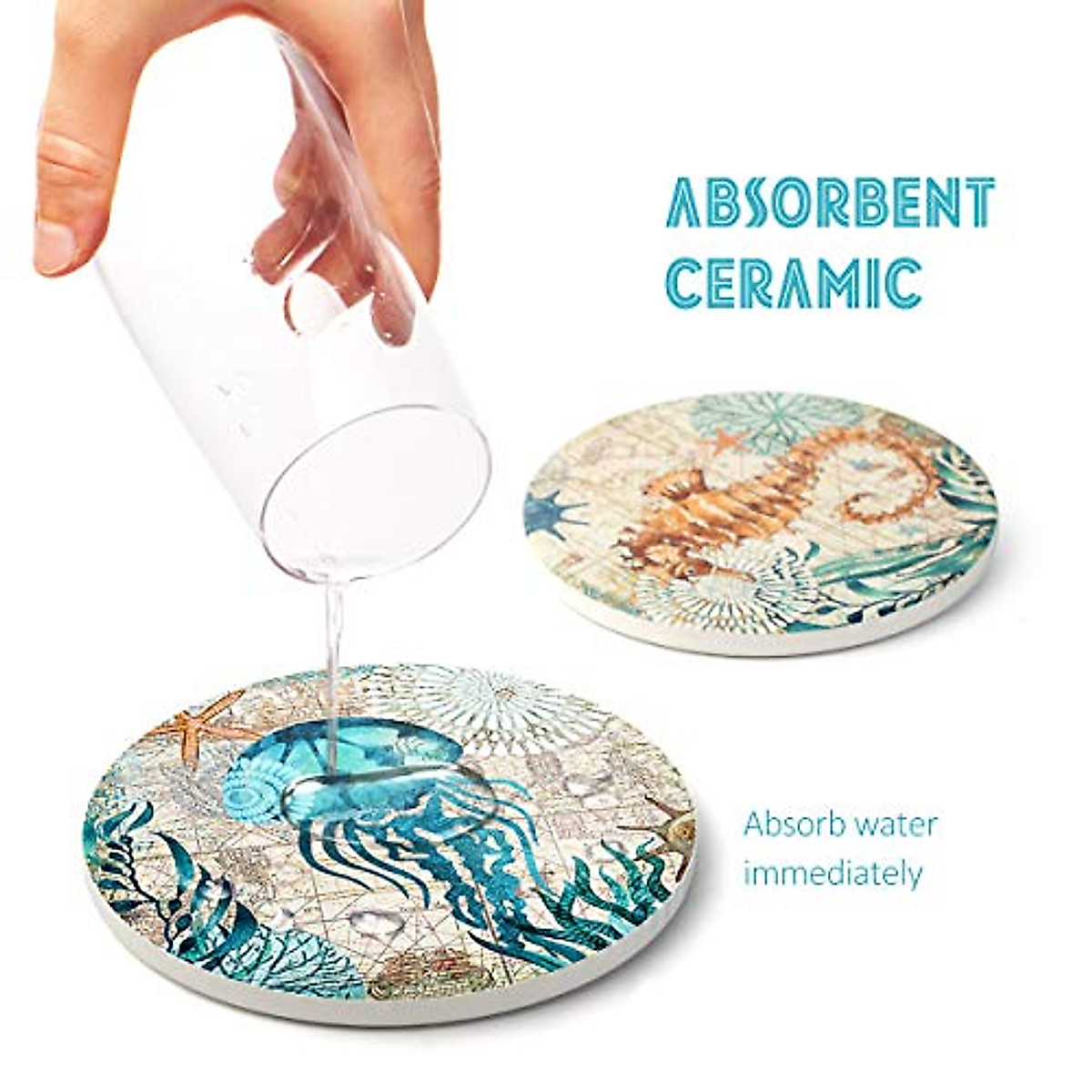 Absorbent Coasters Stone Coaster Set of 8, Cork Base, with Holder, RayPard Beach Theme Sea Life Coastal Coasters for Housewarming Apartment Kitchen Room Bar Decor ,Ocean Life(Black Holder)