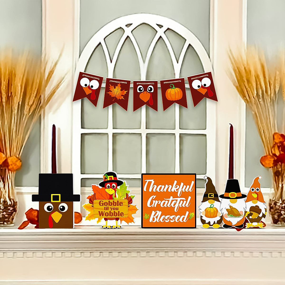 Thanksgiving Tiered Tray Decor Set - 9PCS Includes Turkey Wooden Gnome Signs Pumpkin Maple Leaf for Thanksgiving Home Indoor Kitchen Table Decorations(Tiered Tray Not Included)