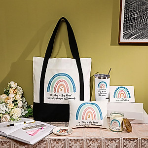 Aliceset 8 Pcs Teacher Appreciation Gifts for Women Thank You Gift 20oz Tumbler Tote Bag Makeup Bag Candle Jewelry Tray Pen Bookmark Greeting Card Back to Birthday Gifts