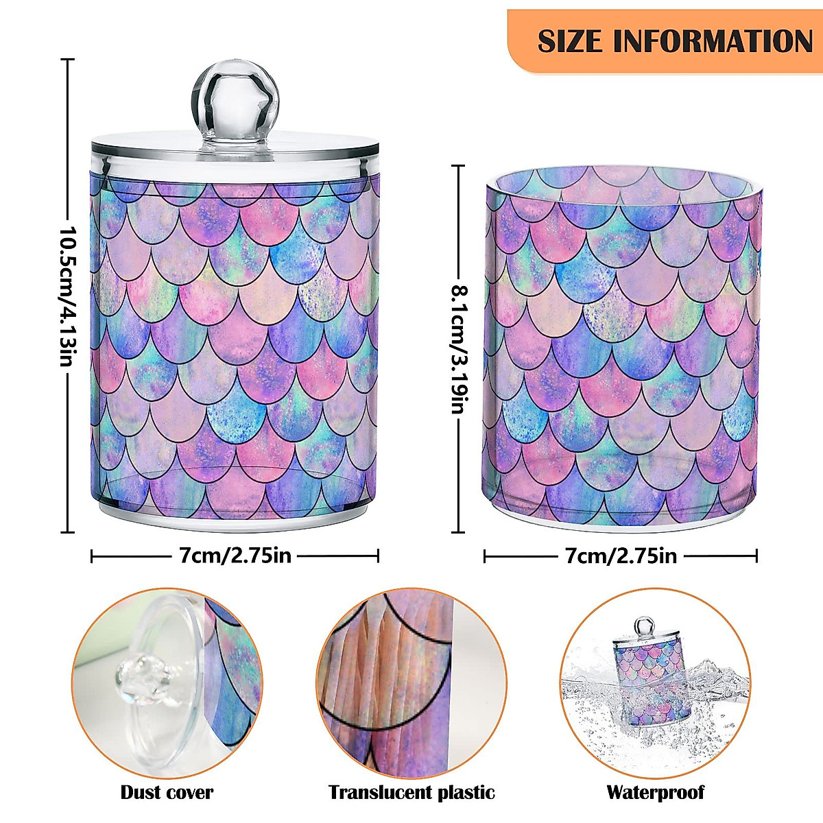 MNSRUU 2 Pack Qtip Holder Organizer Dispenser Colorful Mermaid Scales Bathroom Storage Canister Cotton Ball Holder Bathroom Containers for Cotton Swabs/Pads/Floss