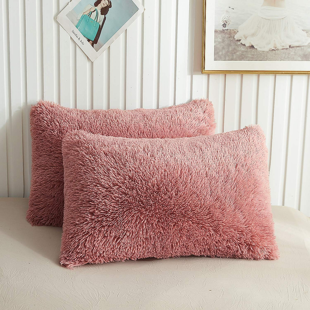 XeGe Faux Fur Throw Pillow Cases, Plush Shaggy Ultra Soft Pillow Covers, Fluffy Crystal Velvet Decorative Pillowcases, Furry Fuzzy Pillow Shams Zipper Closure, Set of 2(Standard, Old Pink)