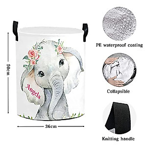 Personalized Custom Pink Flower Elephant Laundry Baskets with Name Waterproof Laundry Hampers Storage Baskets with Handles for Baby Boys Girls Gift