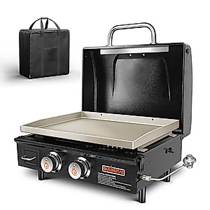 QuliMetal Portable Griddle Flat Top Grill 22 Inch Table Top Grill with Hood 2 Burner Gas Grill Propane Grill with Carry Bag Outdoor Griddle Camping Griddle 24,000 BTU 348 Sq 304 Stainless Steel