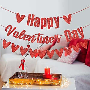 MZ.ogm Valentines Banner with Glittery Felt Heart Garland Banner Happy Valentines Day Banner Decor for Fireplace Valentines Day Decorations for