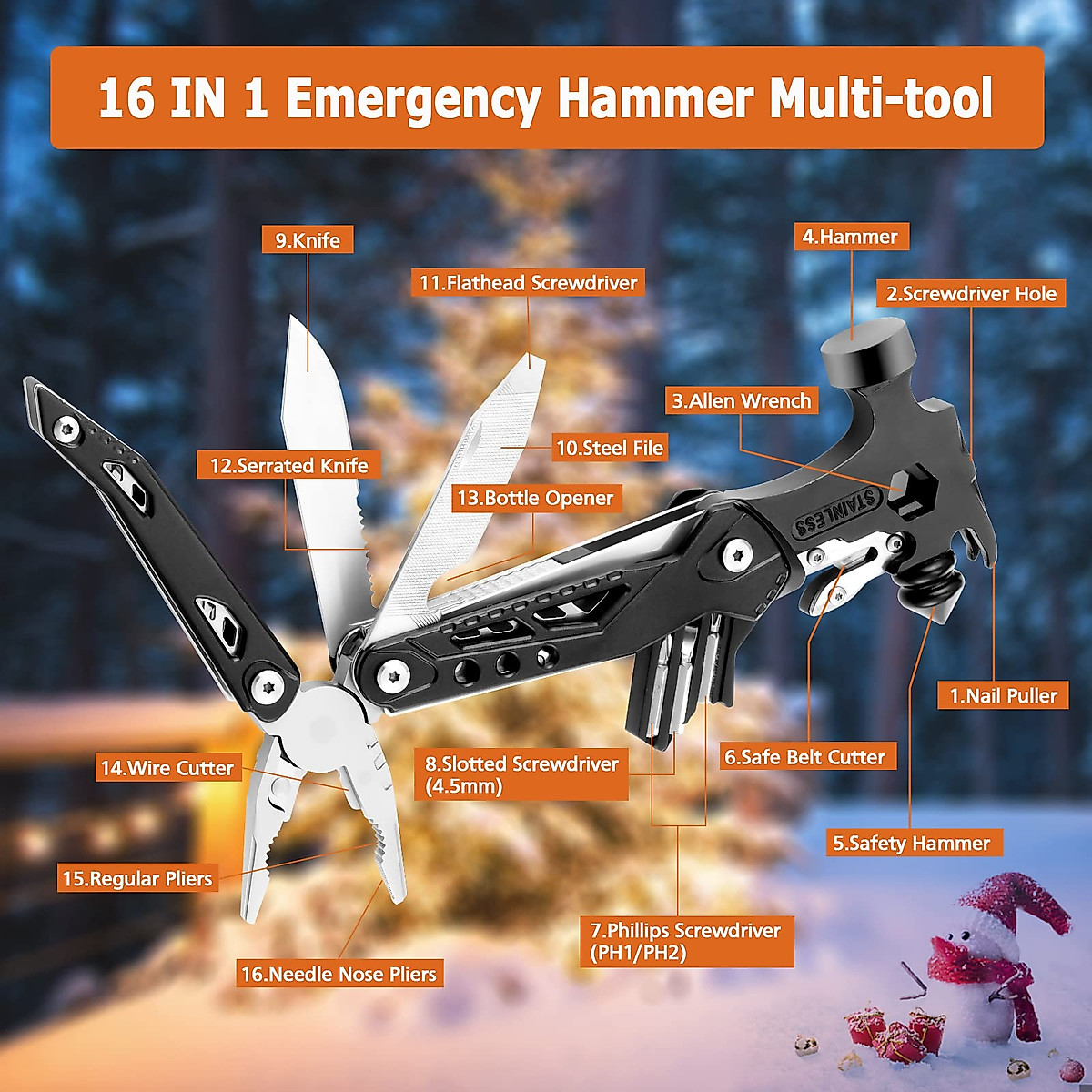 16 in 1 Multitool Hammer, 21 Tools Camping Accessories, Portable Survival Gear with Durable Sheath, 5-in-1 Function with Fire Starter, Gifts for Men