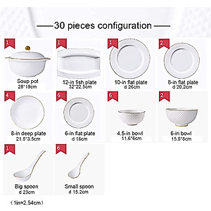 Porcelain Plate and Bowl Set,Dinnerware Set for Home or Special Restaurant, Ceramics Dinnerware Set, Bowl/Dish/Soup Pot/Spoon|Bone China Dinner Sets, White Embossed Gold Pattern Porcelain Combination