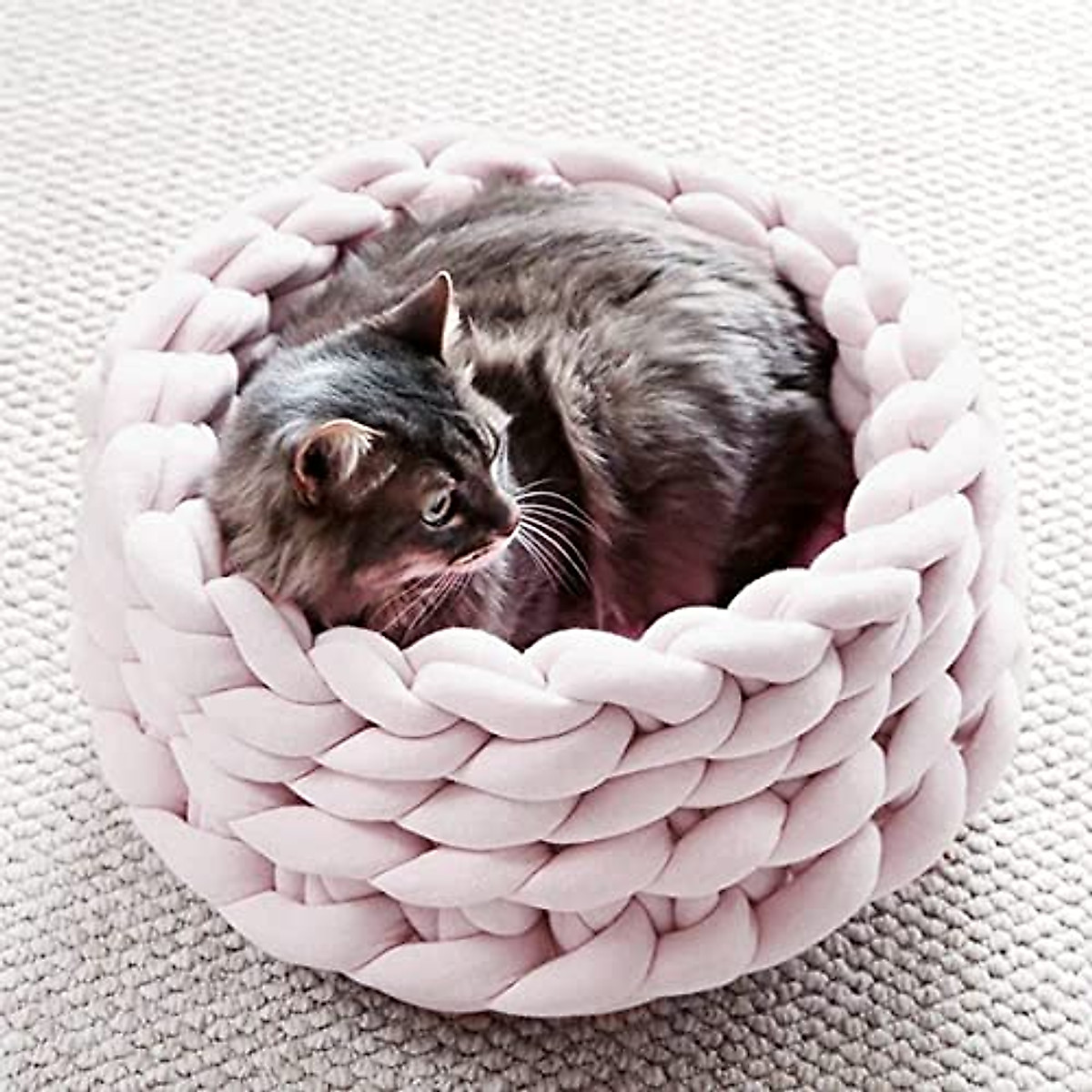Pet Beds for Small Dogs and Cats，Cozy Cuddler Calming Beds for Indoor Cats，Sleeping Dog Sofa Round Bed Cat Pillow，Hand-Knitted Pet Nest Washable(Light Pink)