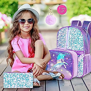 KLFVB 3PCS Unicorn Backpack, 16" Sequin Kids Girls Bookbag and Lunch Box, Preschool Backpacks for Elementary Students