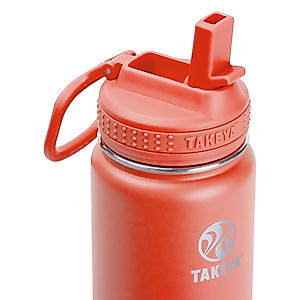 Takeya Actives Insulated Stainless Steel Water Bottle with Straw Lid, 22 Ounce, Coral