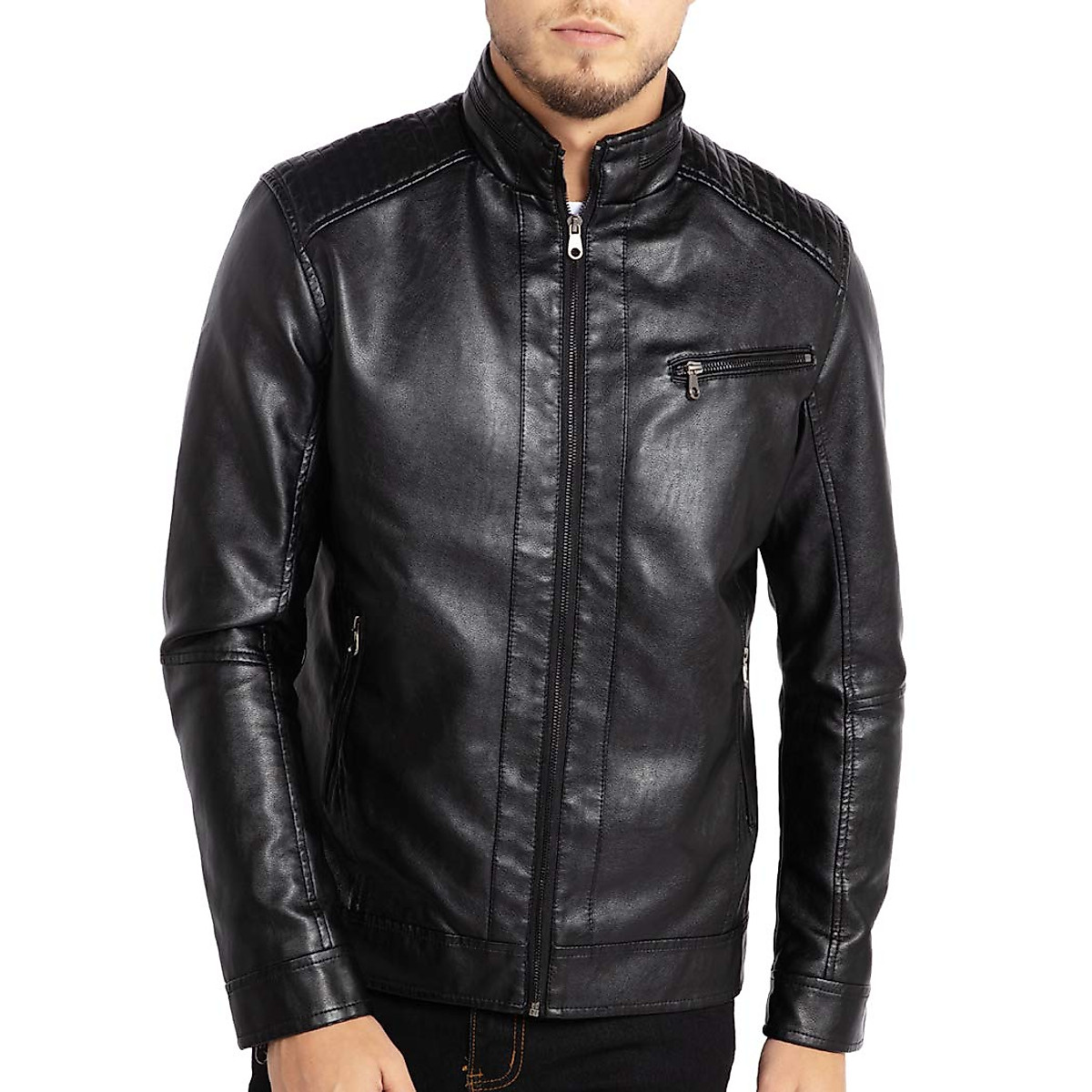 WULFUL Men's Stand Collar Leather Jacket Motorcycle Lightweight Faux Leather Outwear