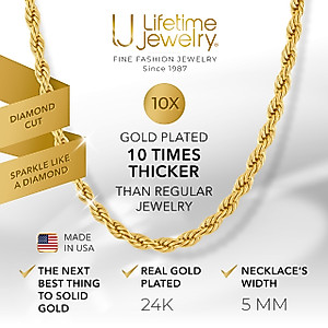 LIFETIME JEWELRY 5mm White Gold Chain for Men & Women 24k Real Gold Plated Diamond Cut Gold Rope Chain for Men & Gold Chain Necklace Women 16 to 36 Inch (22 inches, Gold)